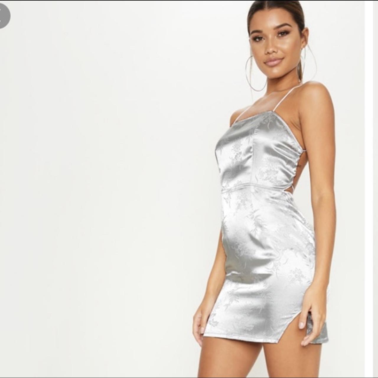 Silver Satin Lace Up Back Mini Dress PLT 🤍 in great... - Depop