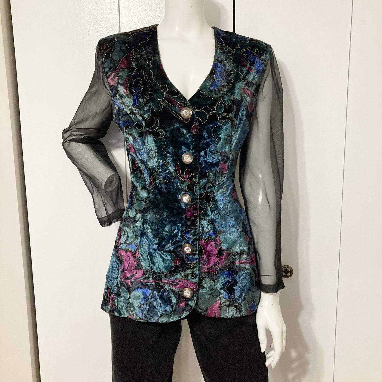 Velvet jewel tone mesh sleeve button down top. The... - Depop