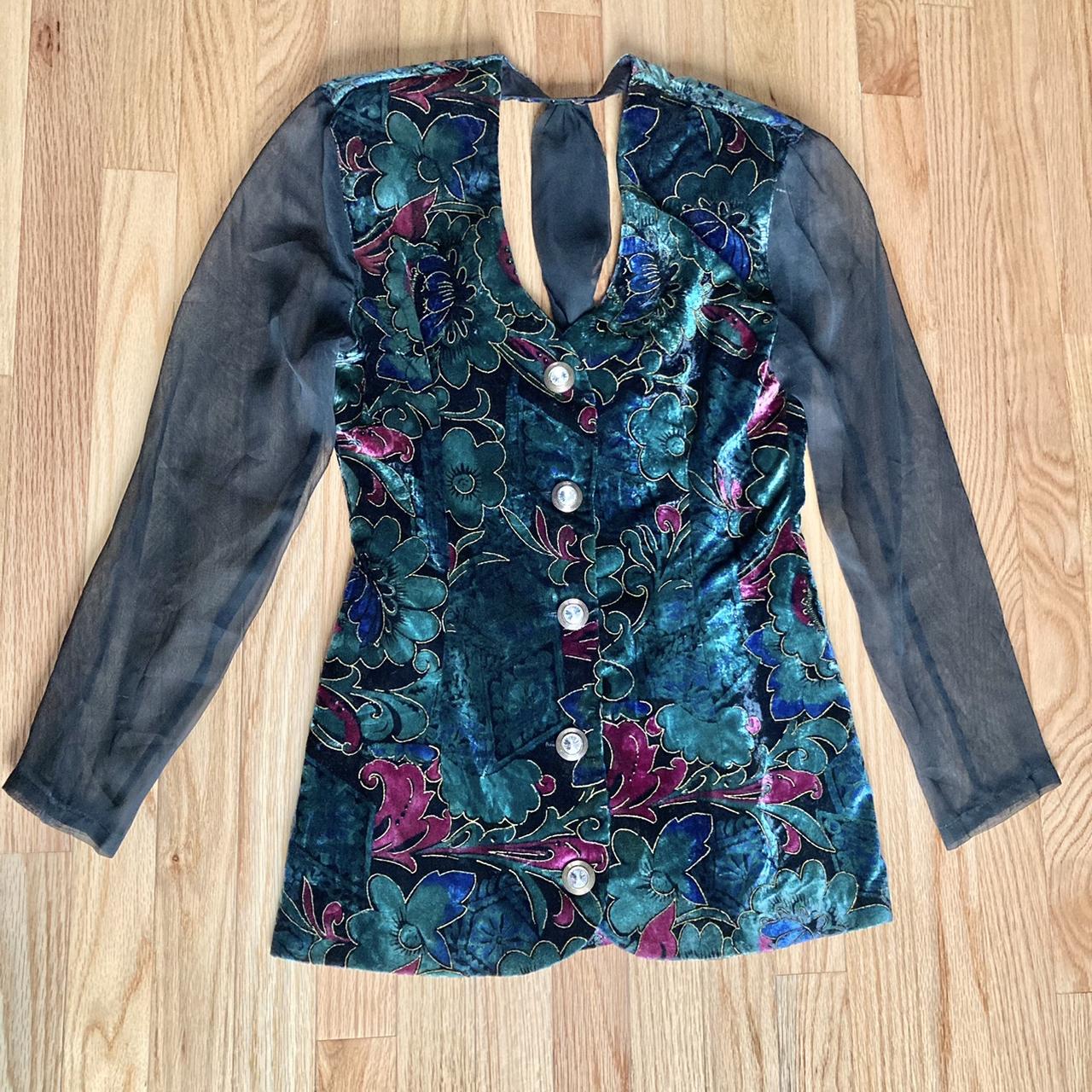 Velvet jewel tone mesh sleeve button down top. The... - Depop