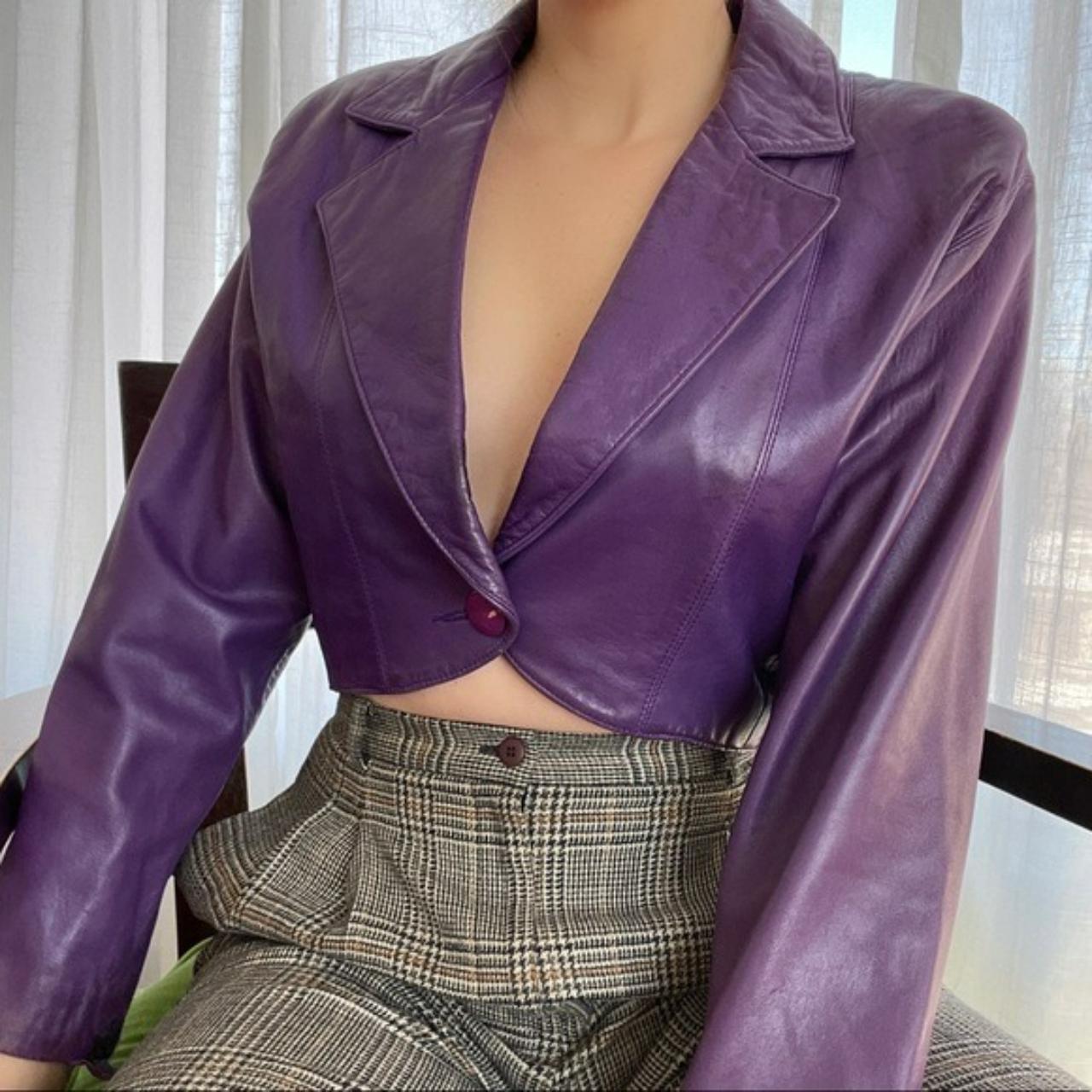 Leather Jacket Cropped Vintage 80s Purple Single Depop