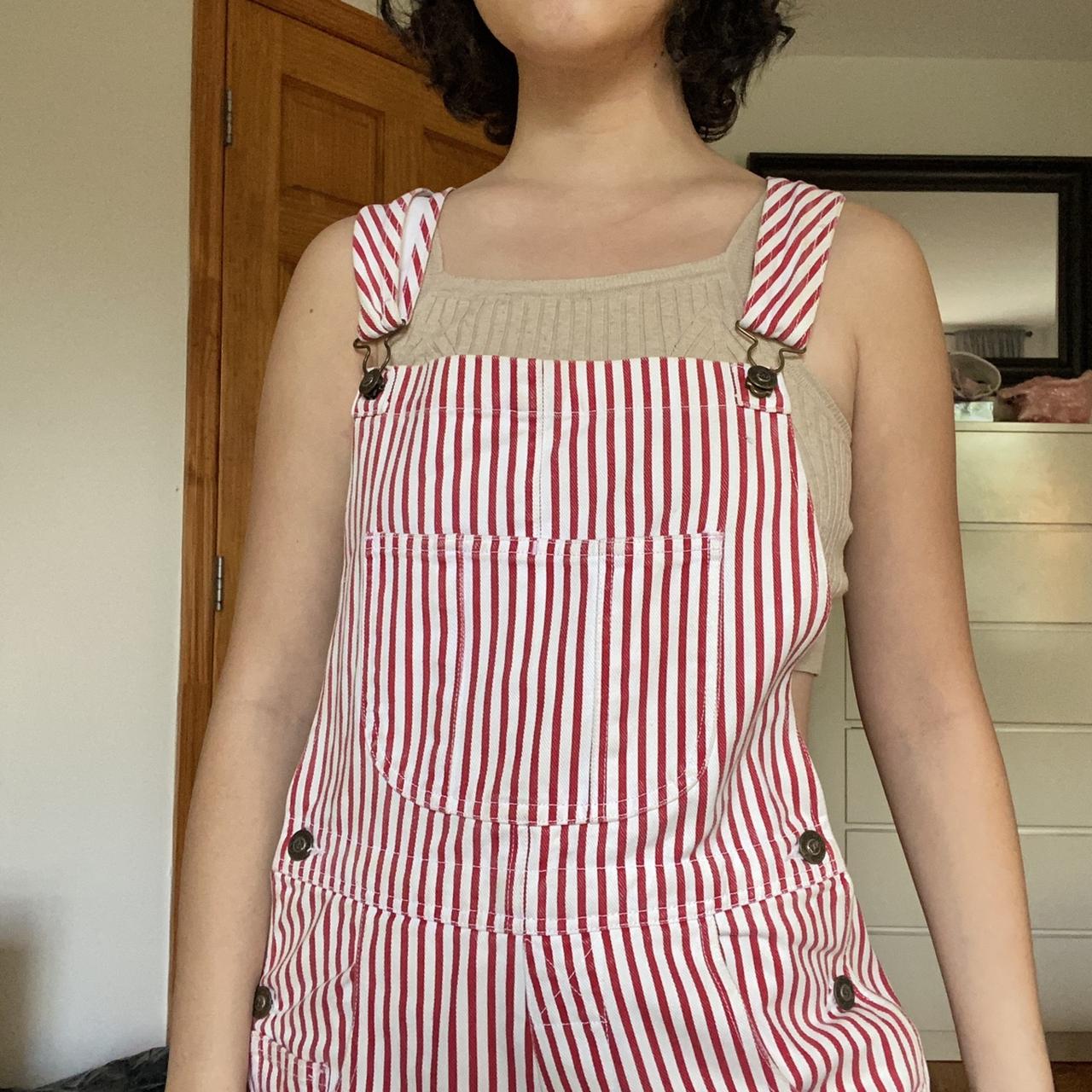 Vintage red and white striped overalls, by Express.... - Depop