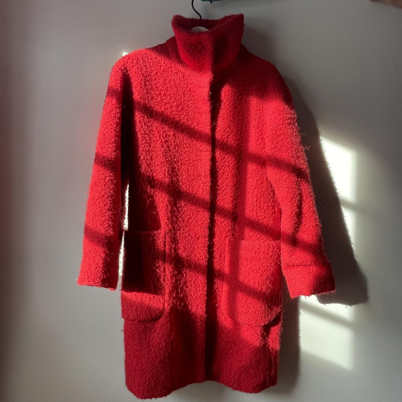 Zara Basic Red Boucle Jacket with oversized pockets... - Depop