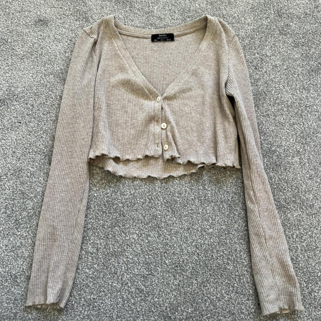 beige cropped cardigan, worn, good condition. size 6/8 - Depop
