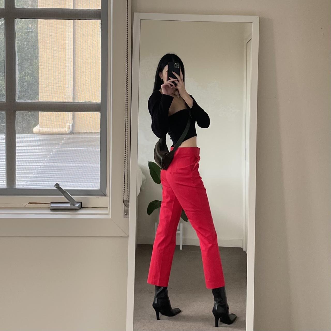 Bright red pants, with front fly fastening and side... - Depop