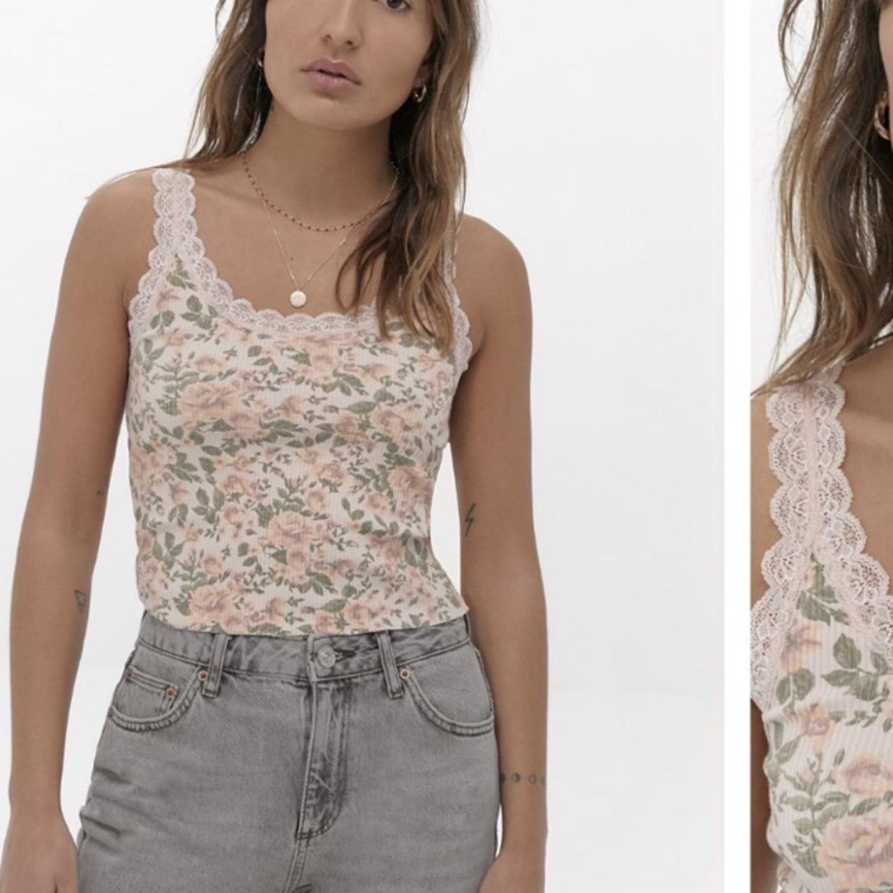 urban outfitters peach floral lace trim vest. size... - Depop