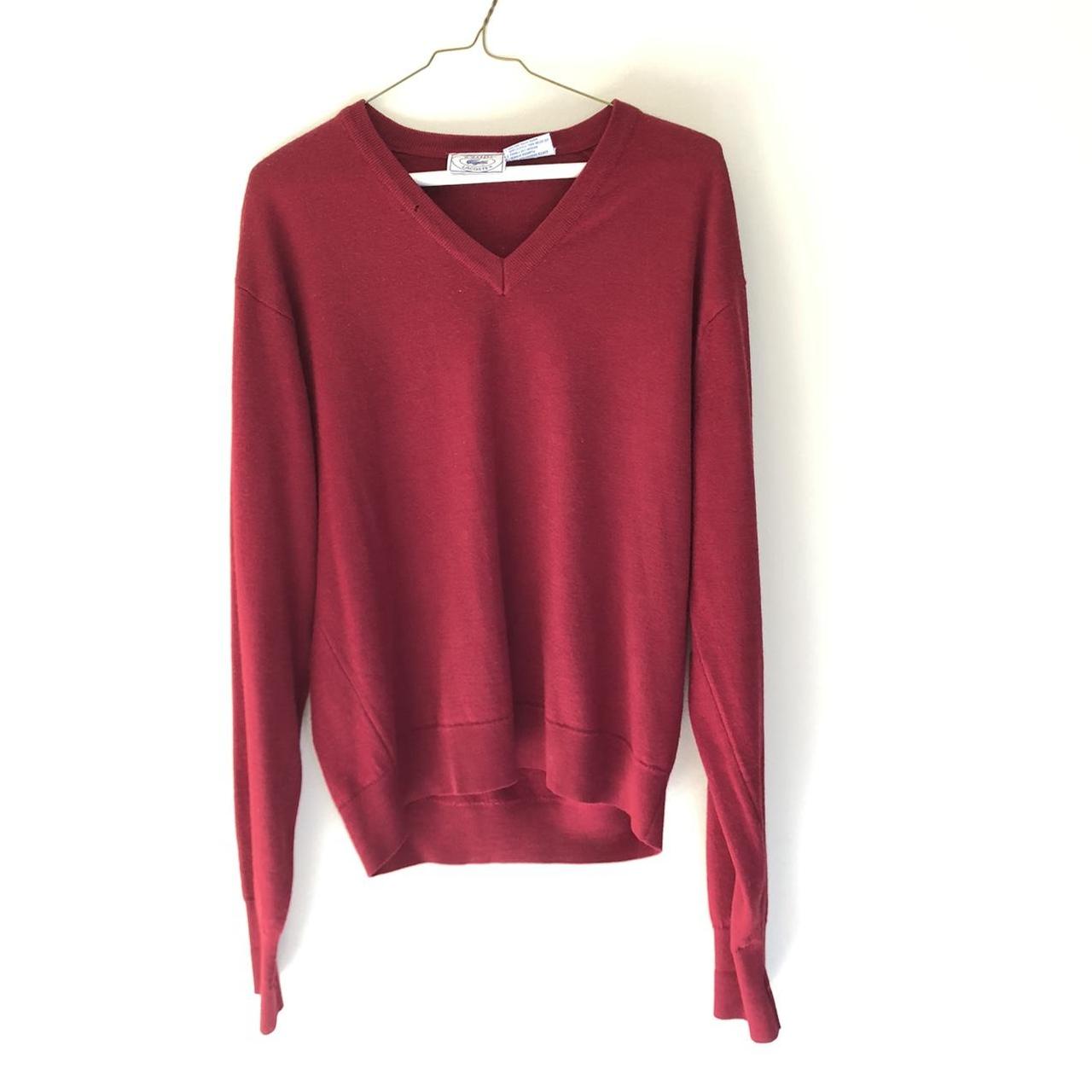 Vintage Izod Lacoste v-neck red sweater with blue... - Depop