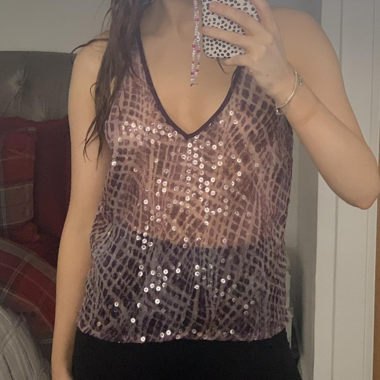 sheer purple sequin halter top shown on a size... - Depop