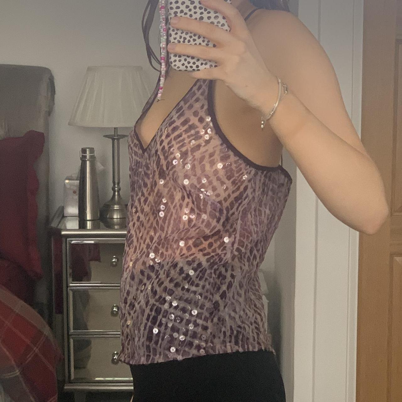 sheer purple sequin halter top shown on a size... - Depop