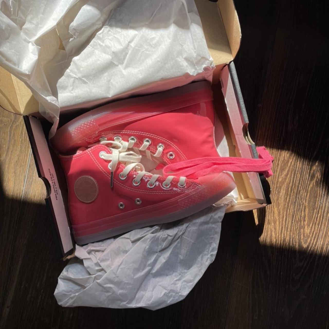 Pink patent leather converse with baby blue sole... | Depop