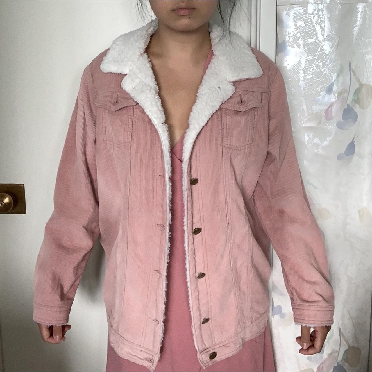 Pink sherpa lined corduroy jacket 🦋 worn out of... - Depop