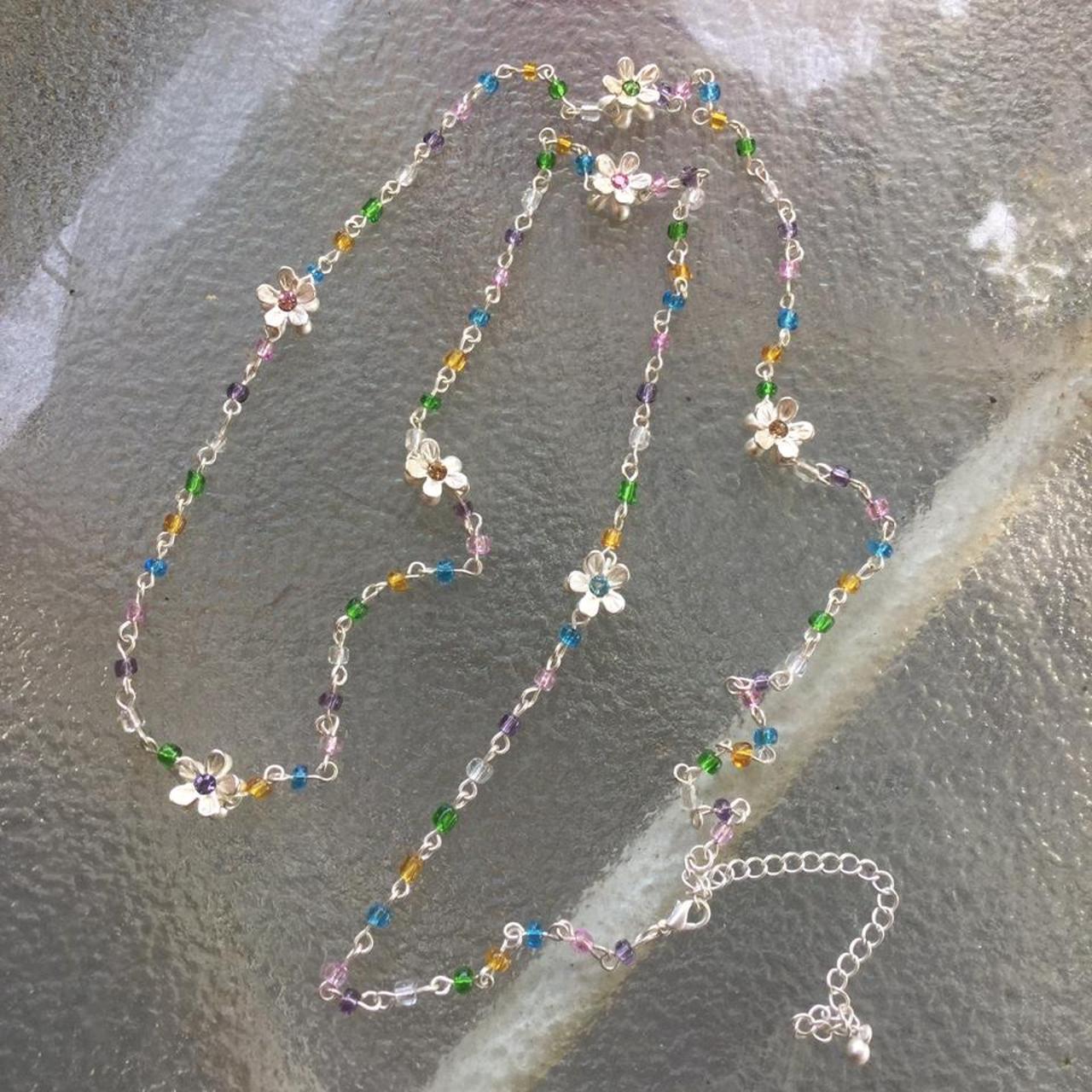 Multicolor bead and rhinestone flower necklace.... - Depop