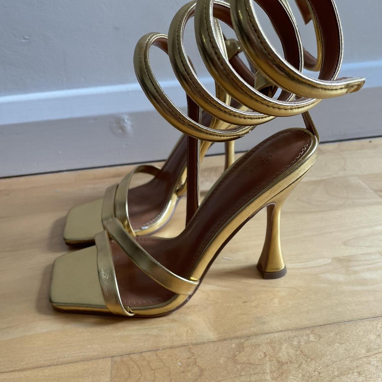 ASOS Gold Ankle Wrap Heels Worn by Millie Court... - Depop