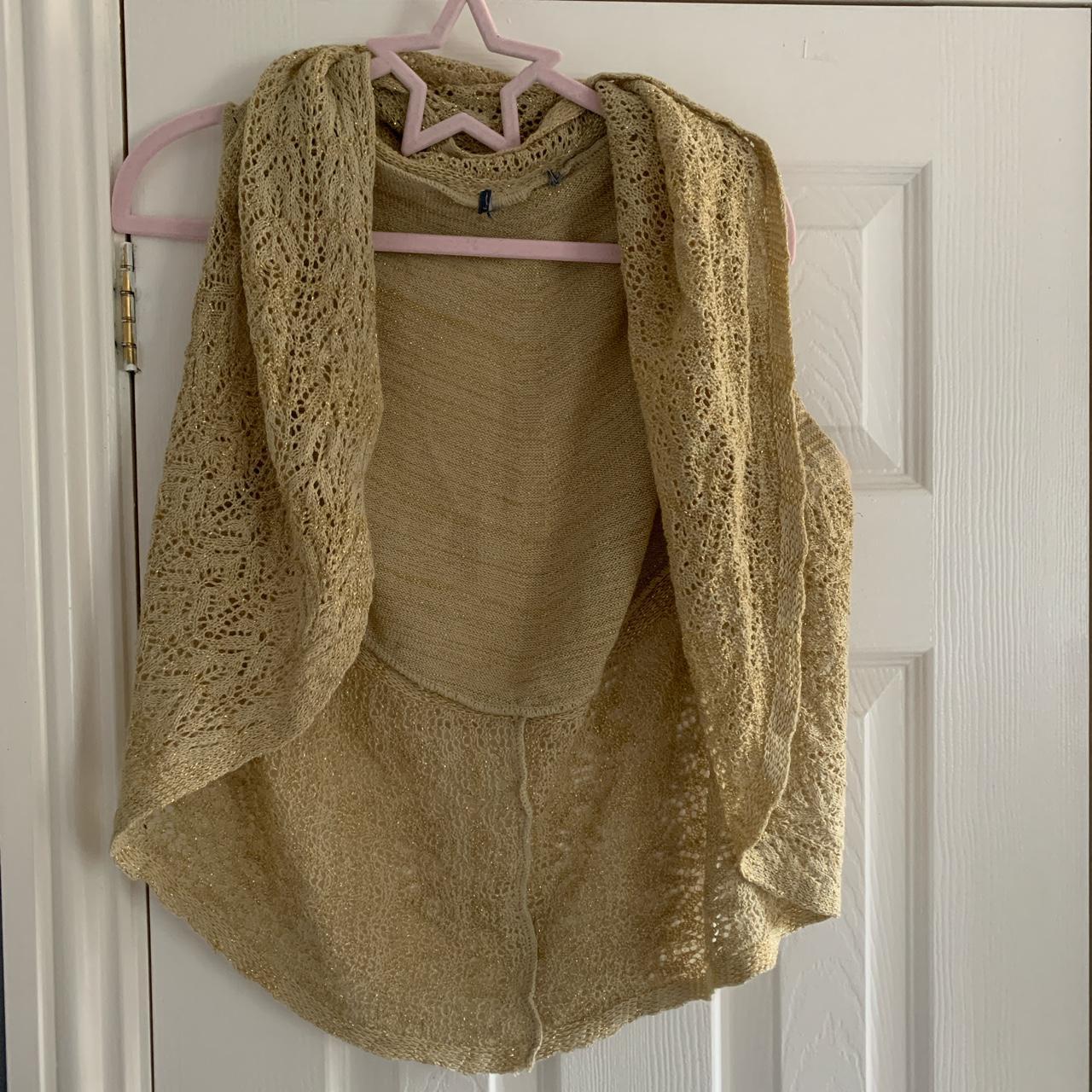 Early 2000s cream knitted shrug with gold thread,... - Depop