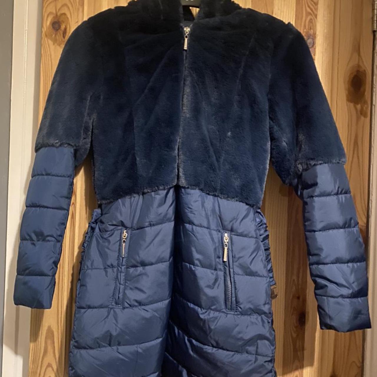 Dark navy blue padded and faux fur jacket with... - Depop