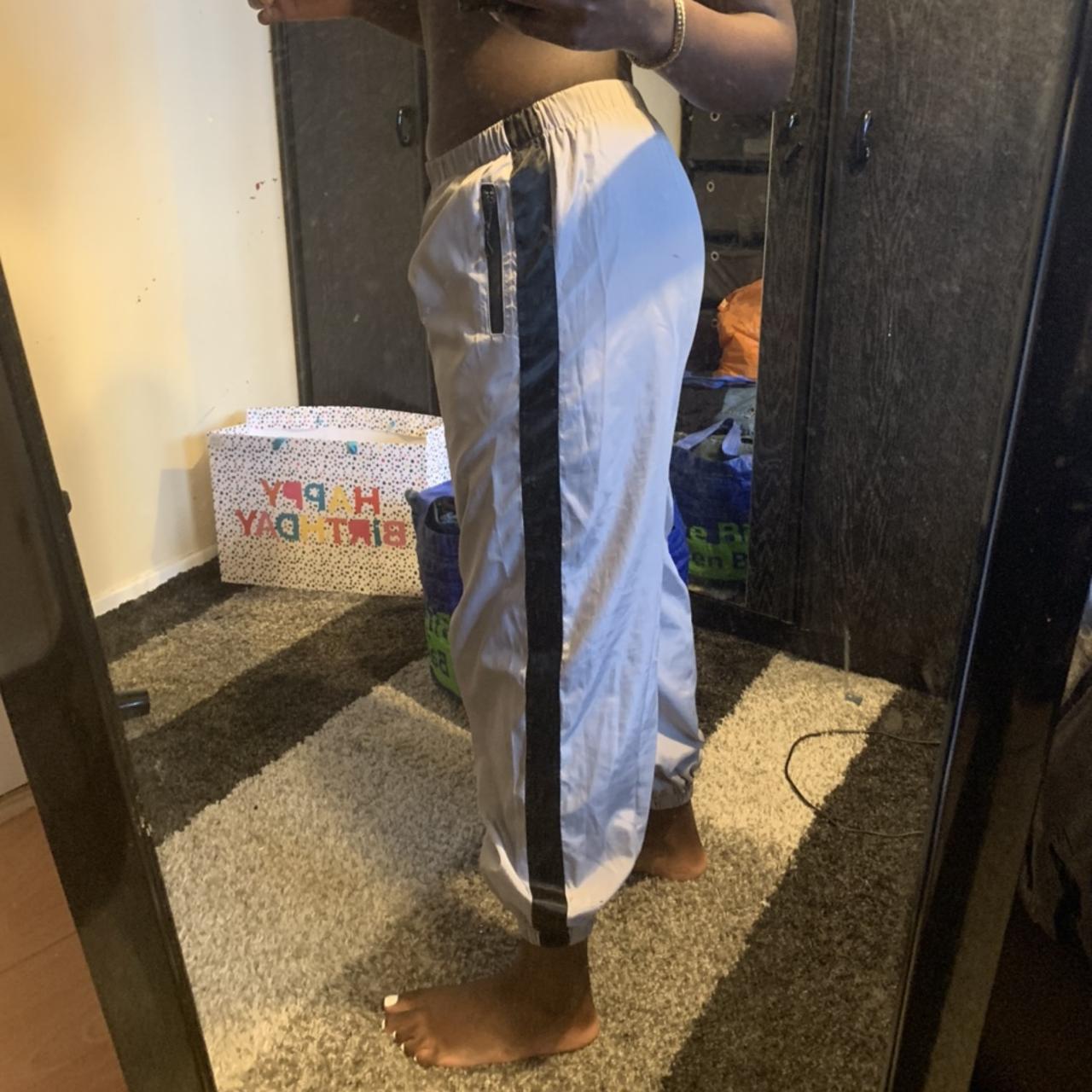 Silver shell suit vintage style tracksuit bottoms,... - Depop