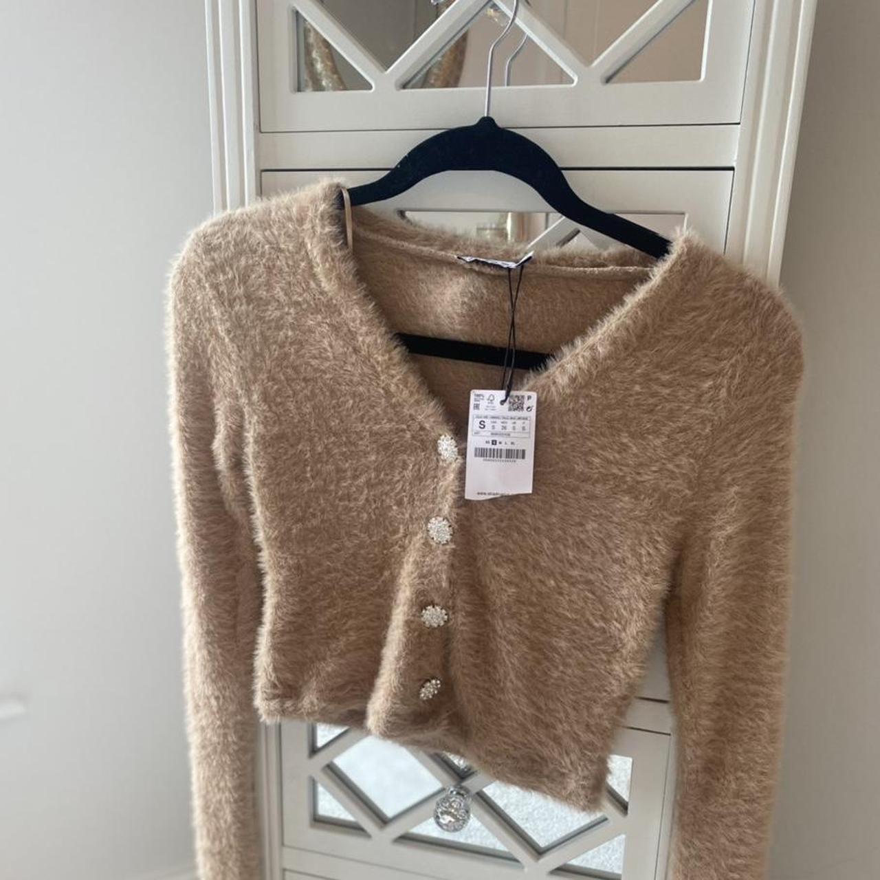 Stradivarius camel fluff cardigan with embellished... - Depop