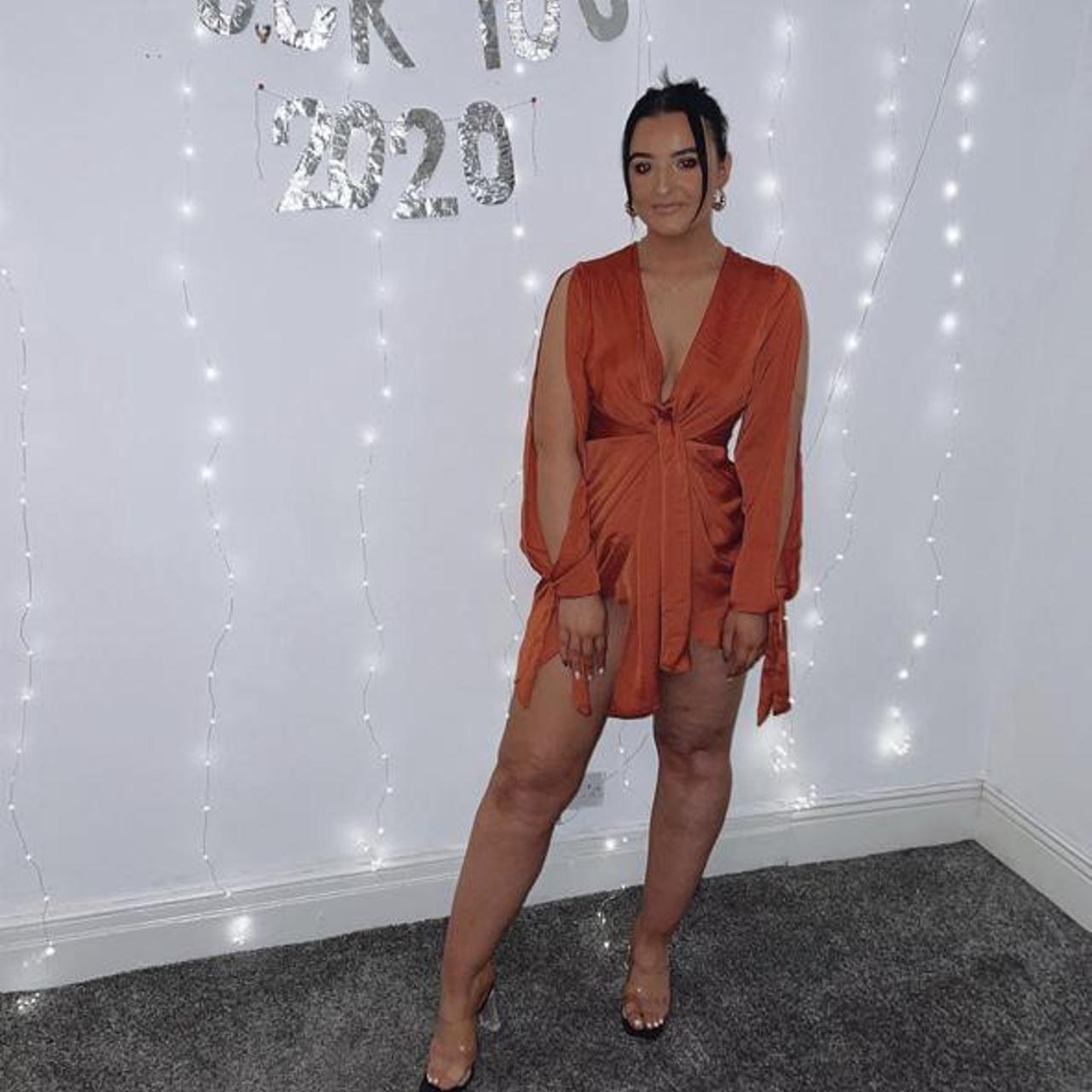 Rust pretty little thing satin dress with slits.... - Depop