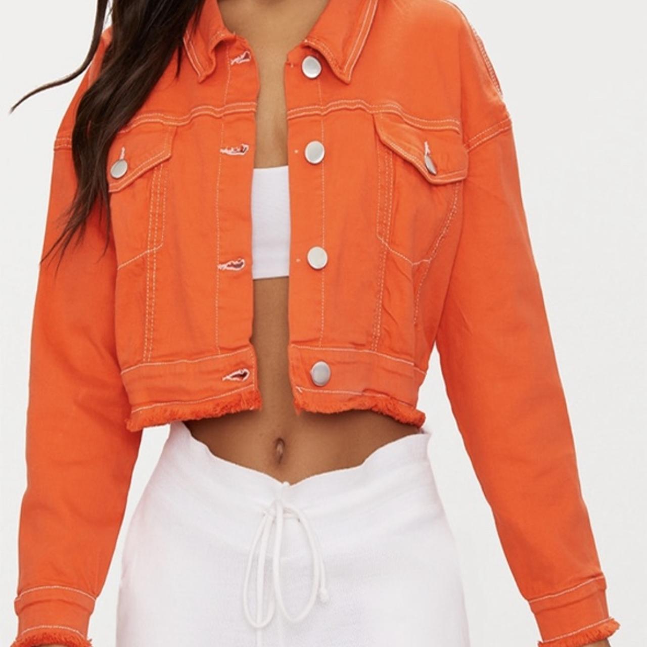 Bright Orange Cropped Denim Jacket PLT UK size 6... | Depop