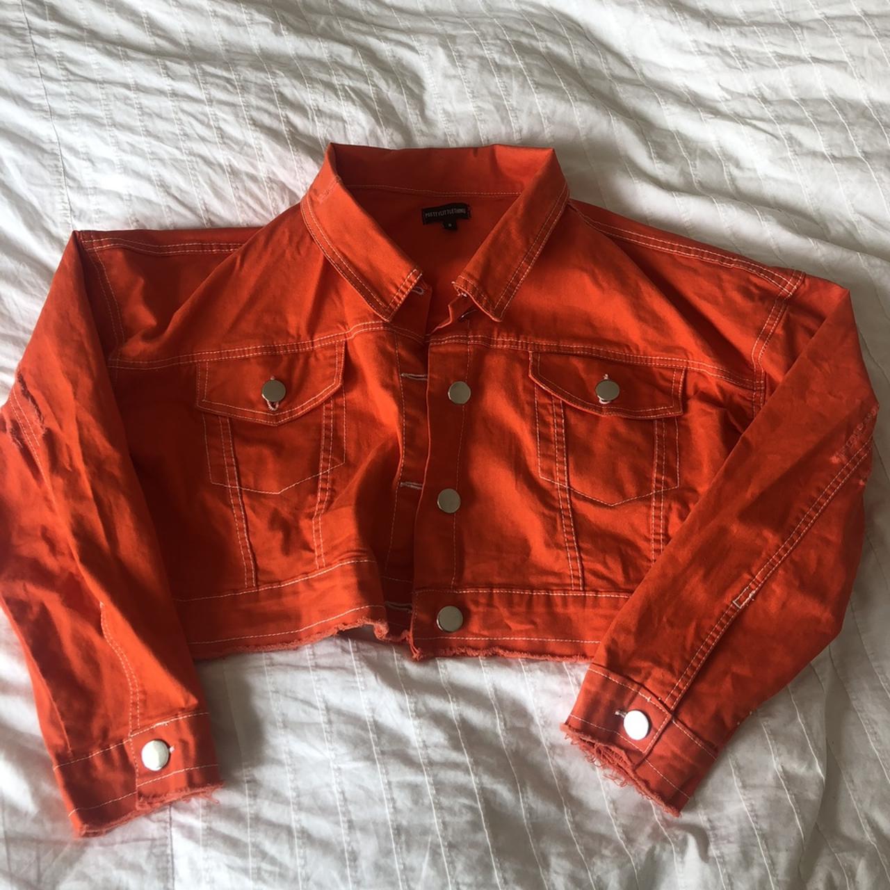 Bright Orange Cropped Denim Jacket PLT UK size 6... | Depop