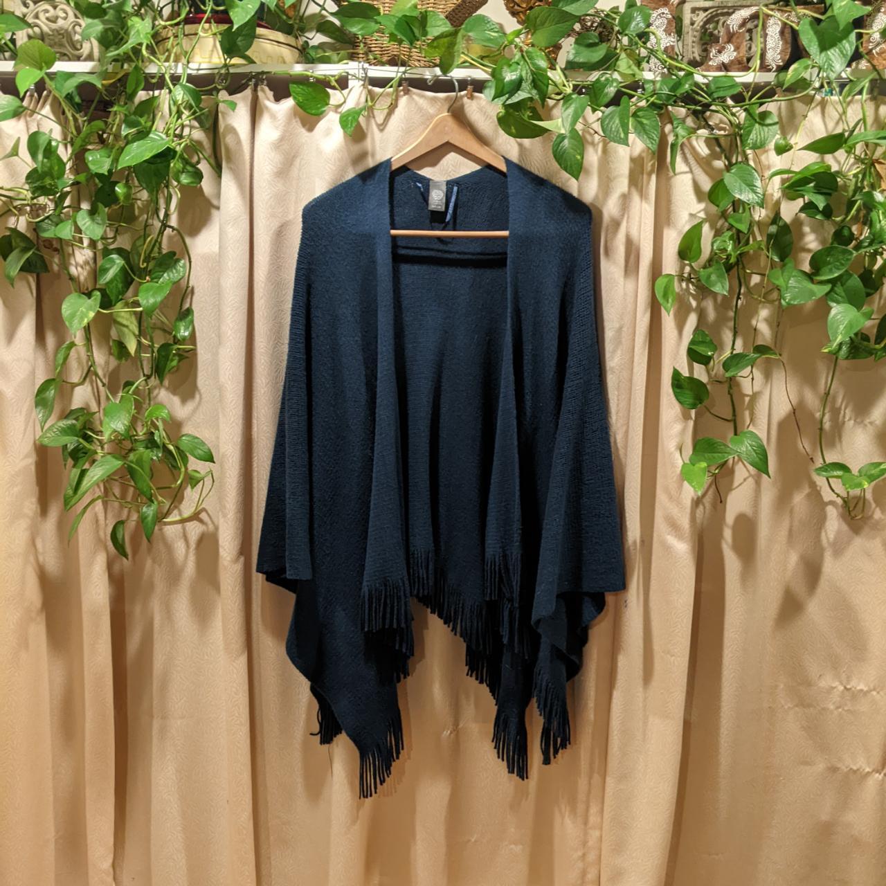 Luxe Navy Blue Fringed Cape by Vince... | Depop