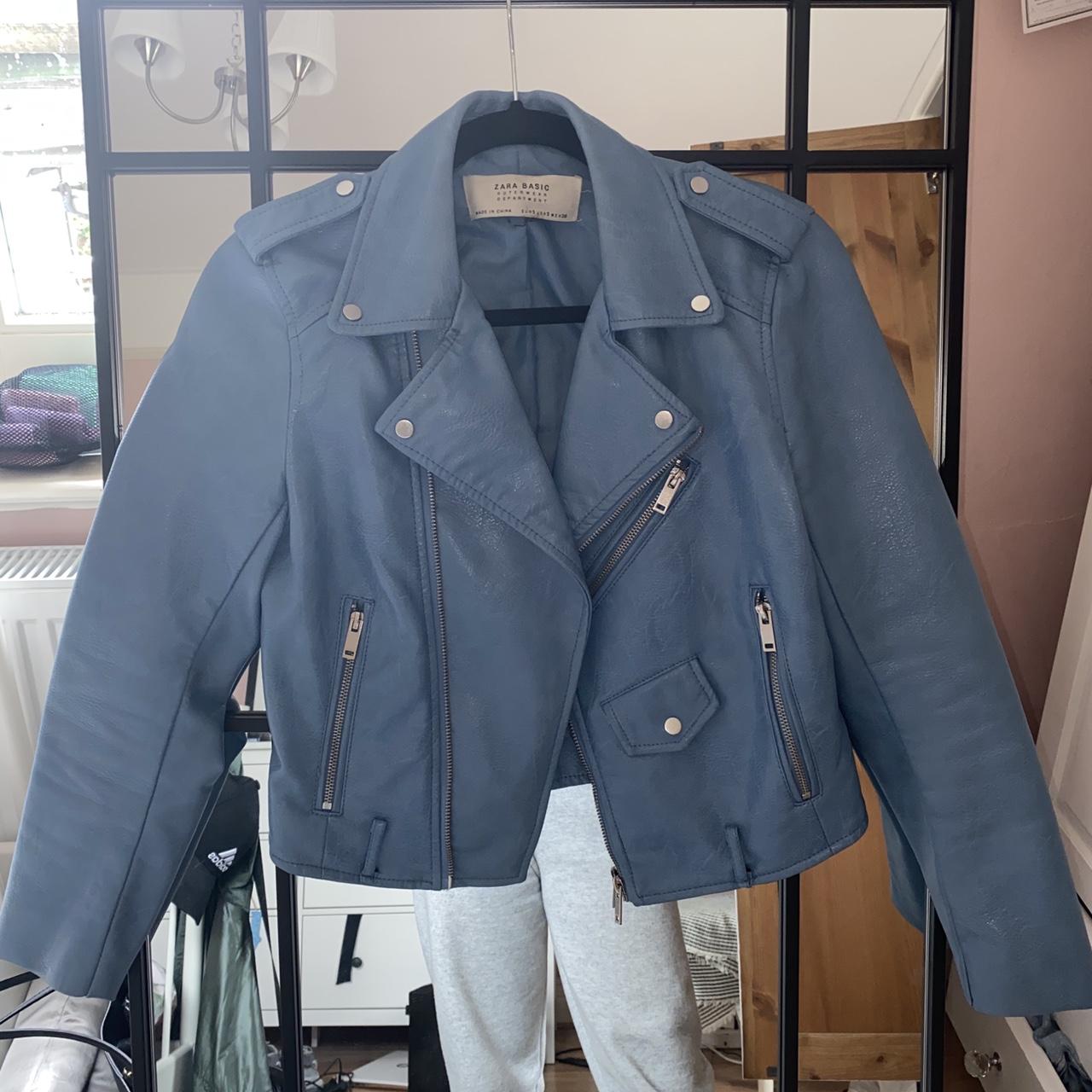 Zara Blue leather jacket Excellent condition Size... - Depop