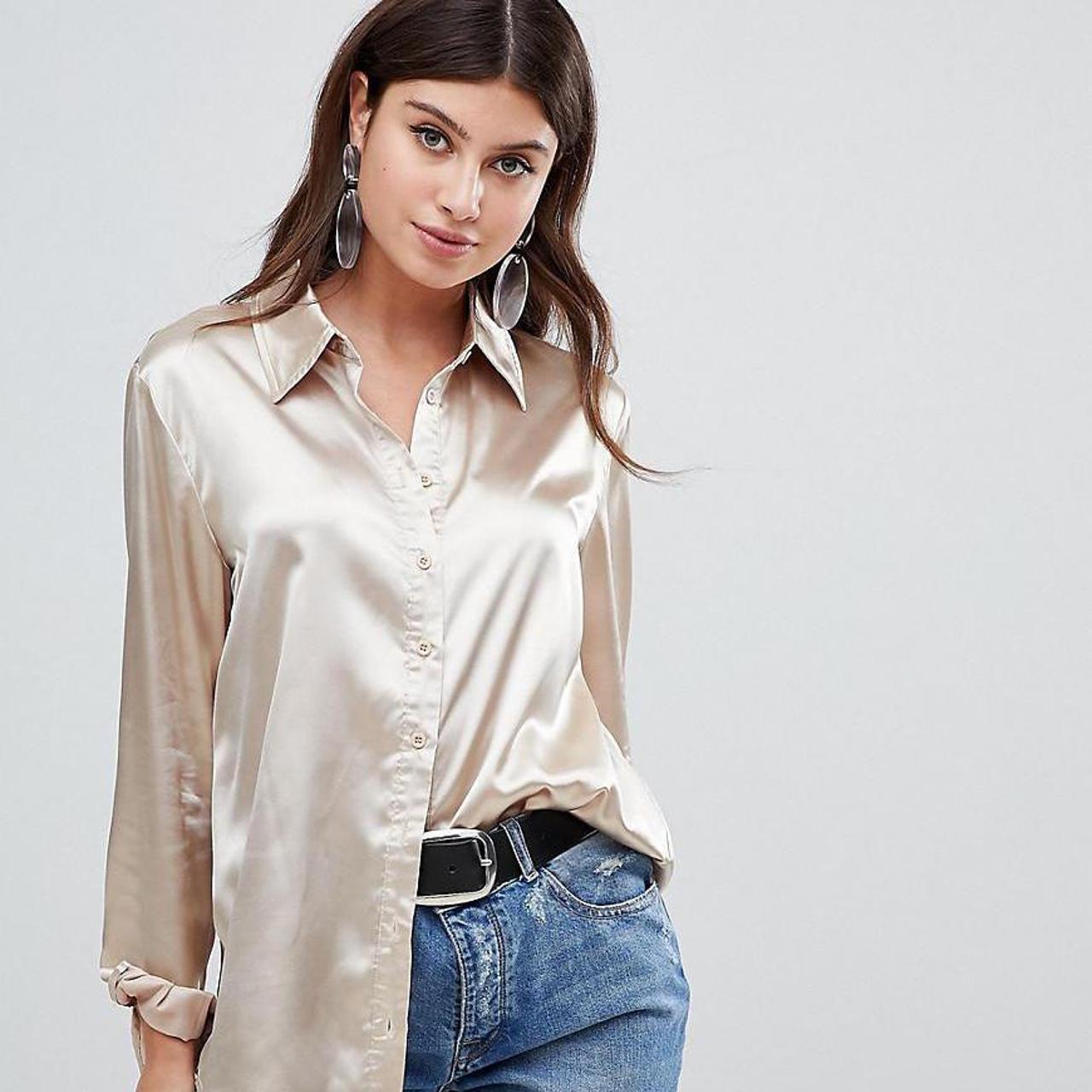 beautiful luxe champagne colored satin button up top... - Depop