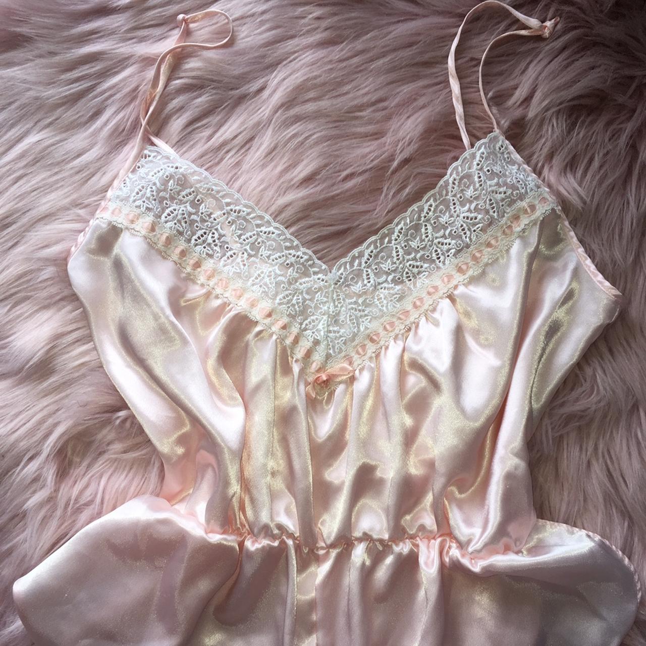 Vintage Pink Satin and Lace Lingerie Body Suit... - Depop