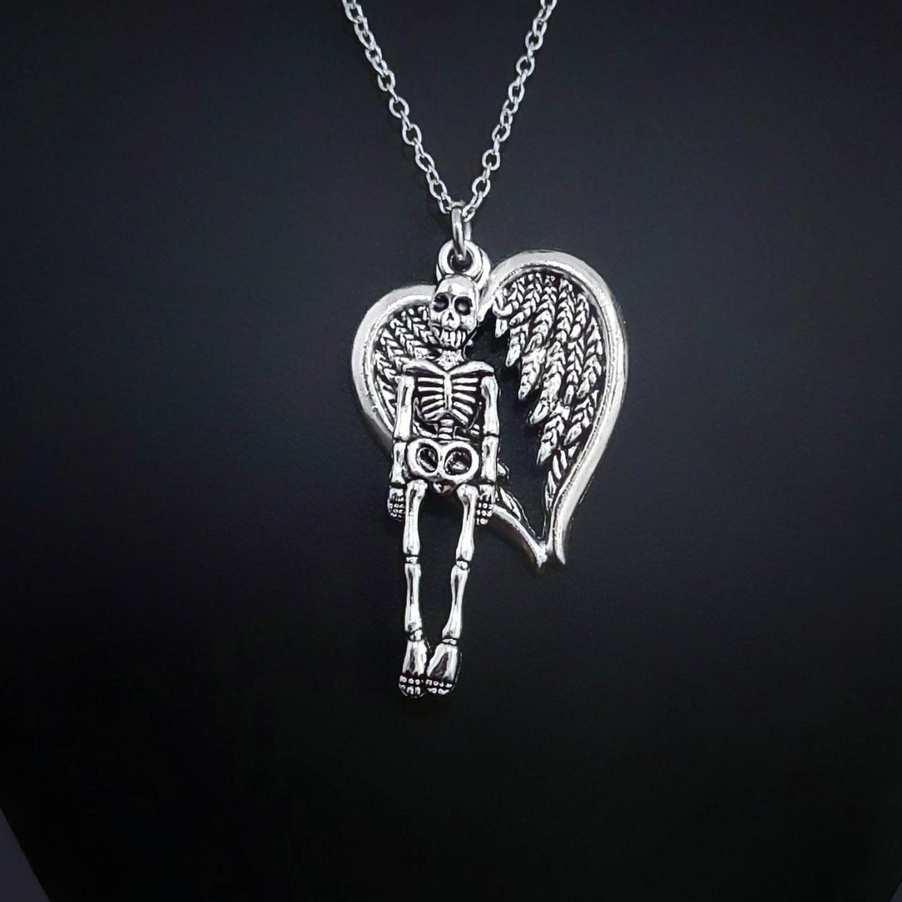 18" Skeleton Wing Necklace ... Stacked Silver... - Depop