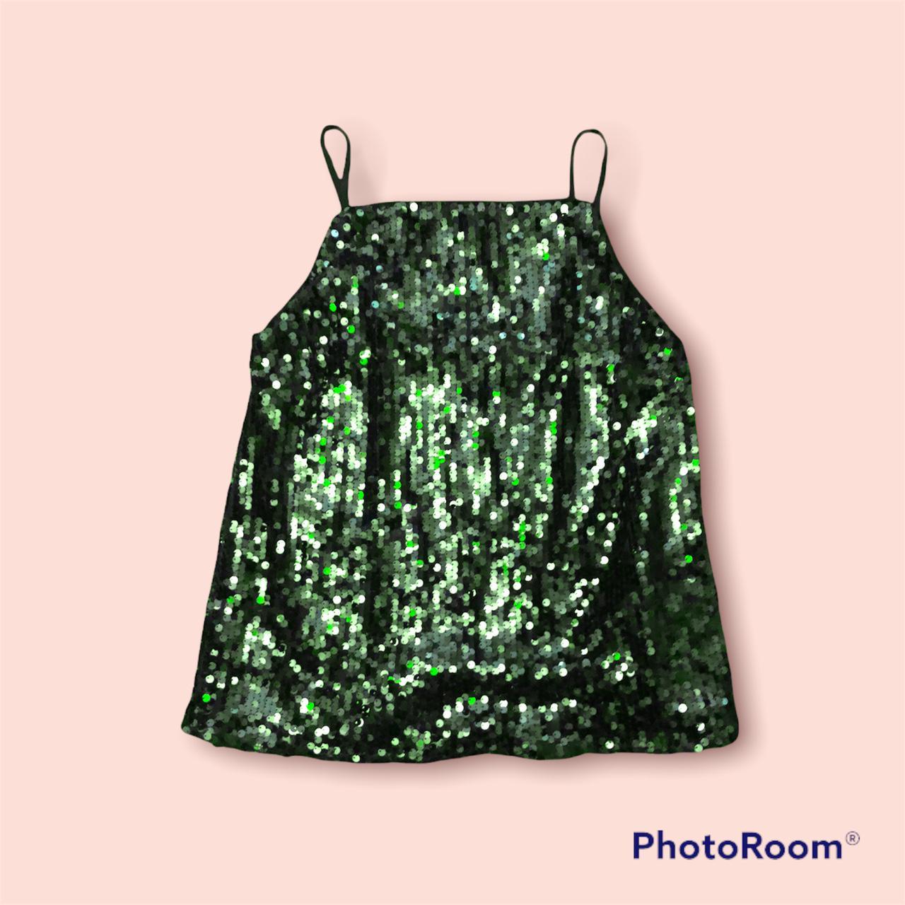 Green sequin cami top, spaghetti straps and larger... - Depop