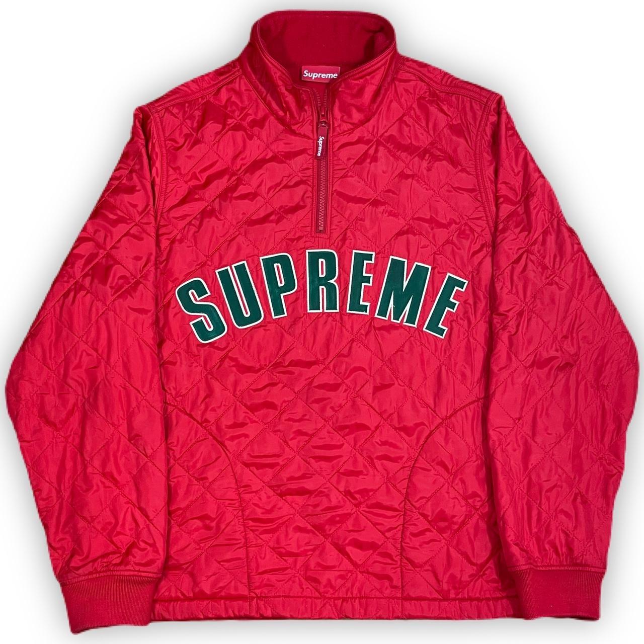 Supreme Quilted Embroidered Logo Red Zip Jacket -... - Depop