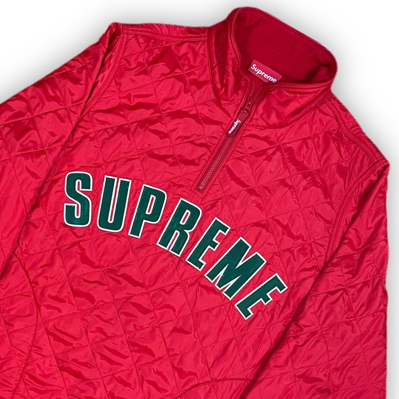 Supreme Quilted Embroidered Logo Red Zip Jacket -... - Depop