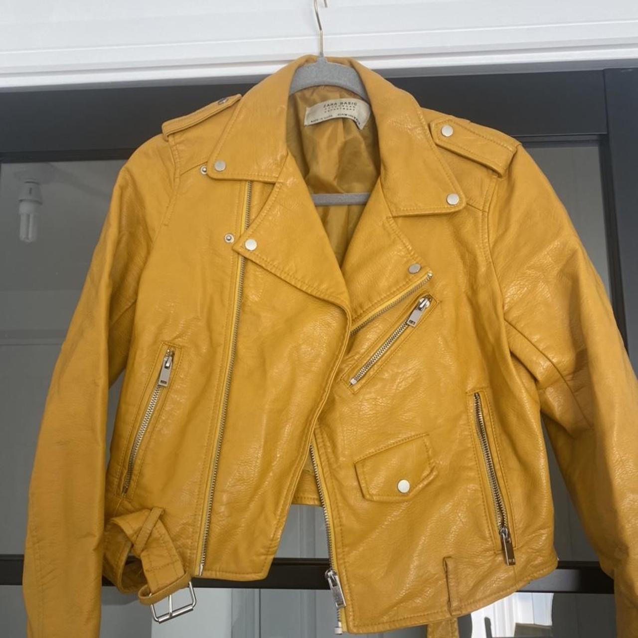 Zara yellow faux leather jacket size M #zara... - Depop