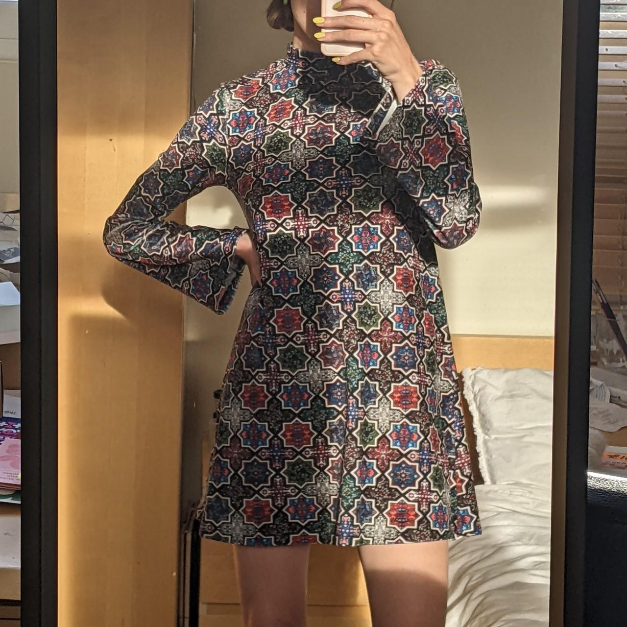 stunning patterned velvet dress with high neck and... - Depop