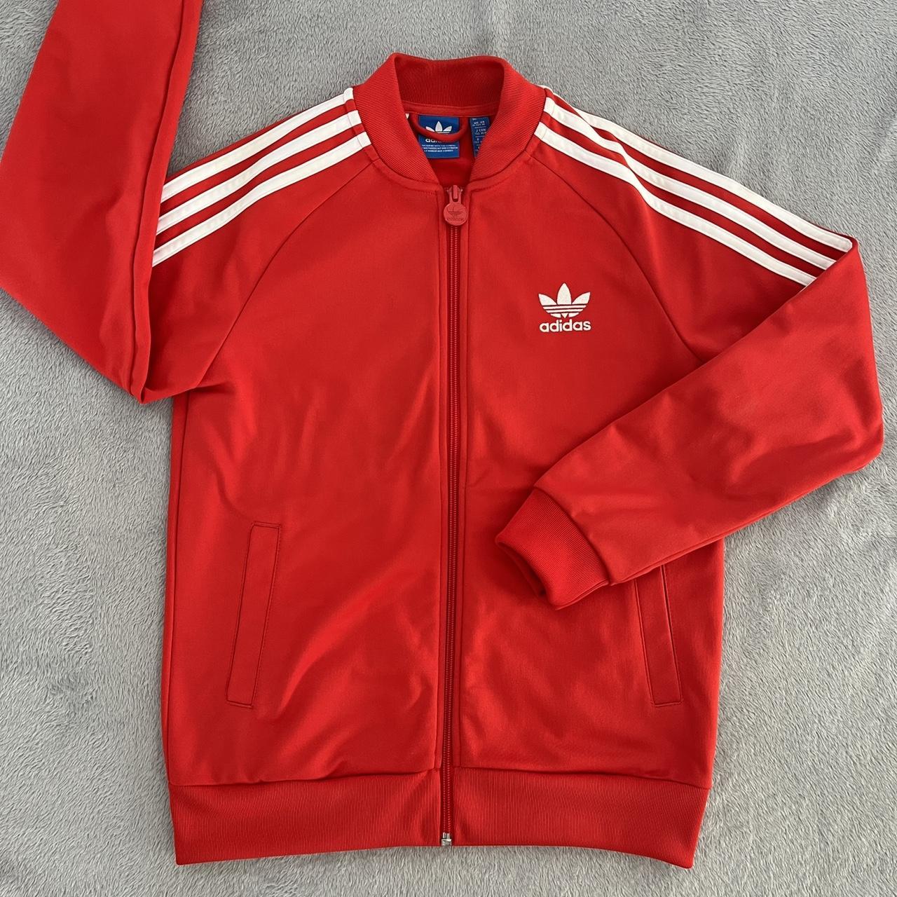 adidas zip-up track top, red with traditional 3... - Depop