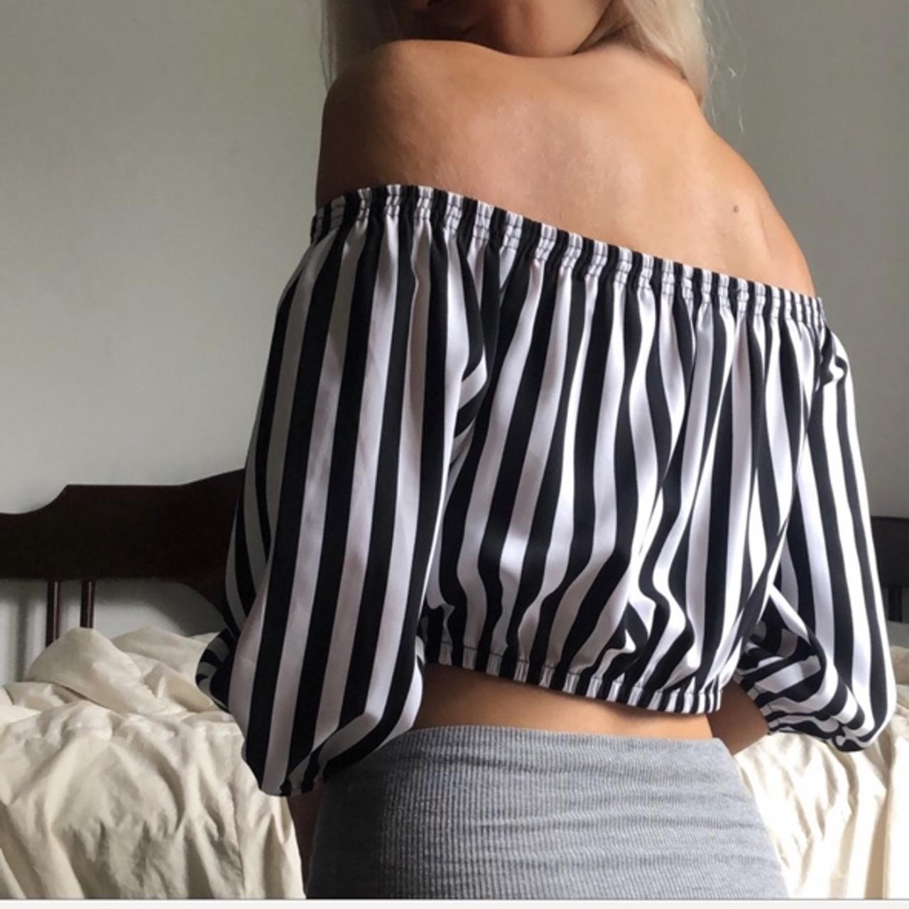 Off-shoulder vertical stripe crop top M - Ruched... - Depop