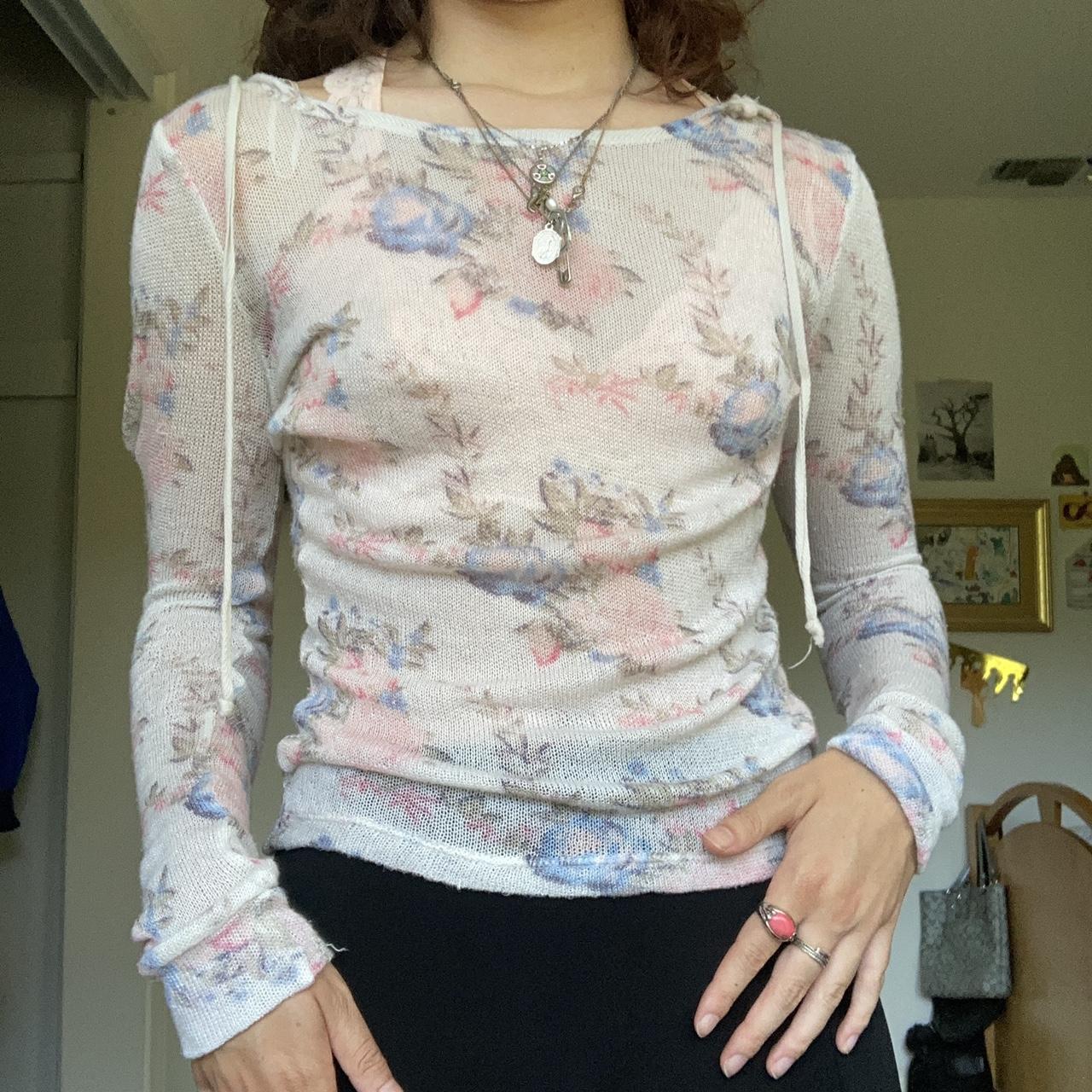 Mesh flower print y2k hooded top Fits... - Depop