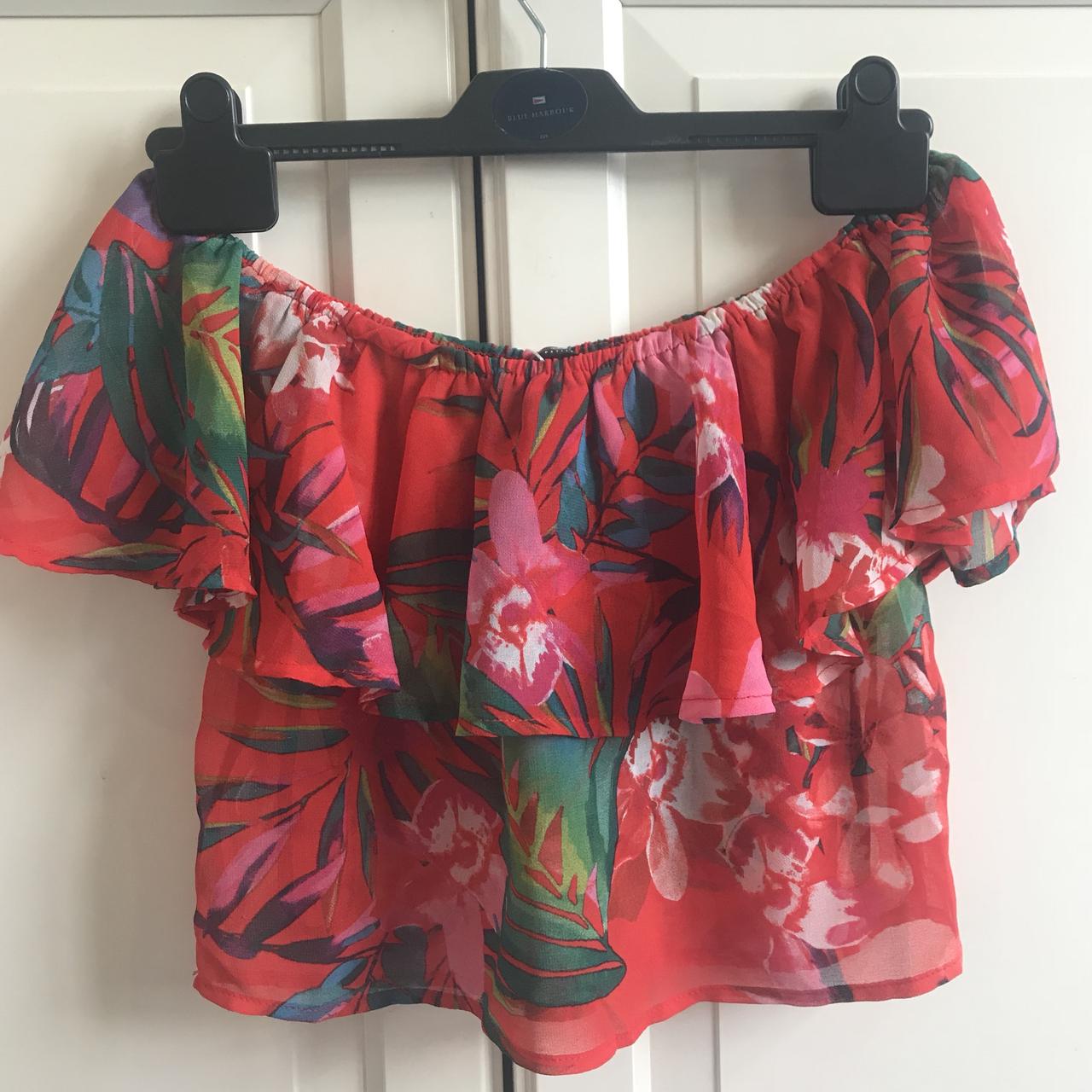Gorgeous red bardot frill floral top from... - Depop