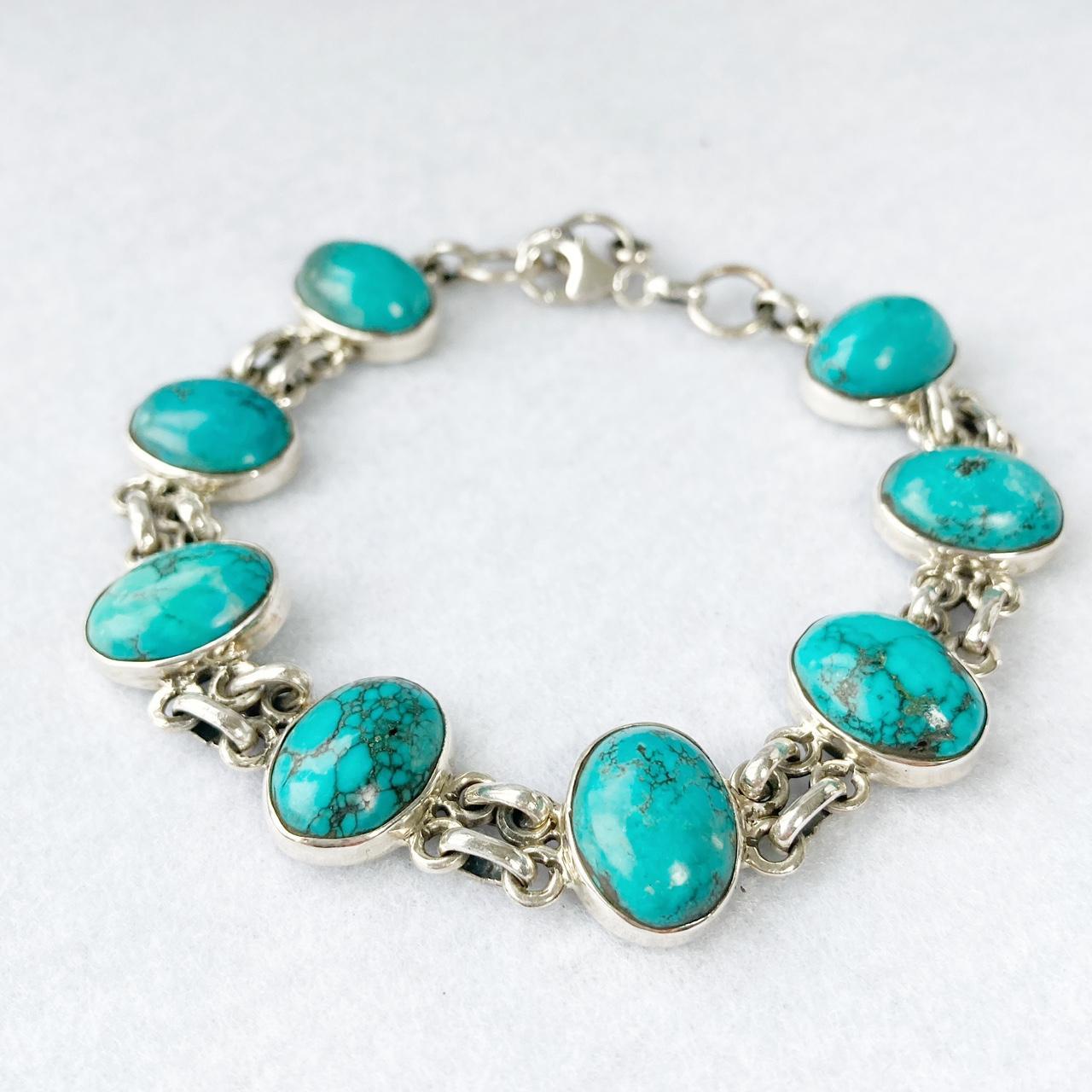 Sterling 925 silver real turquoise bracelet Oval... - Depop