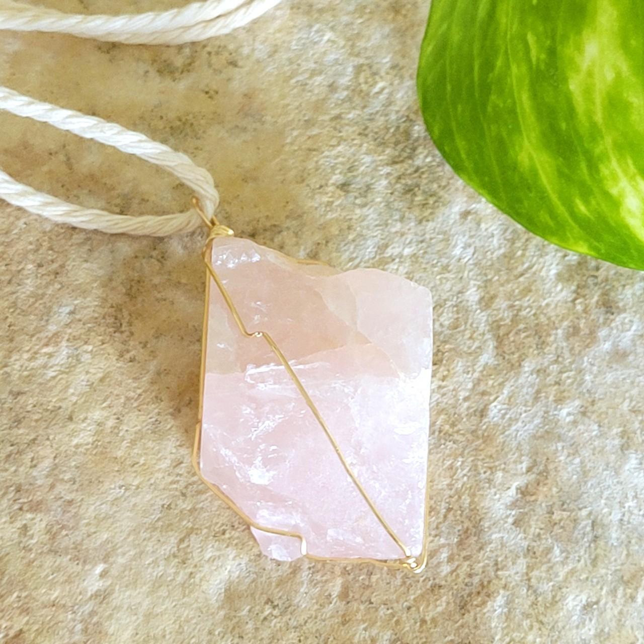 Genuine rough Rose Quartz crystal necklace Gold... - Depop
