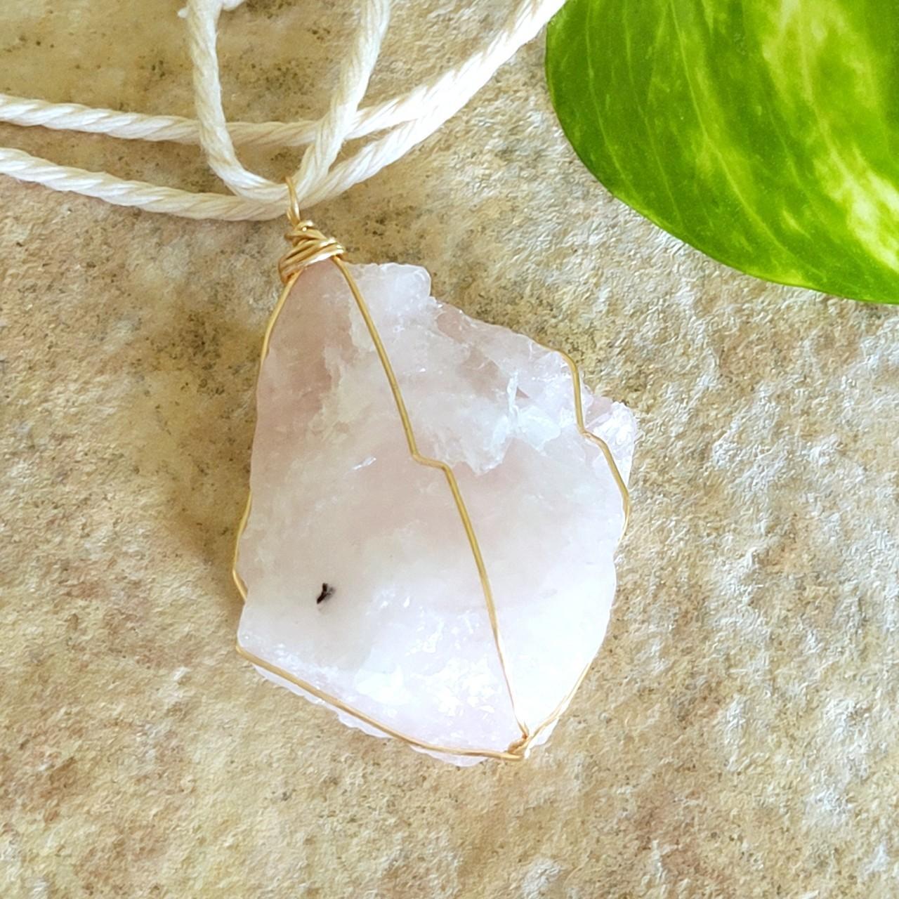 Genuine rough Rose Quartz crystal necklace Gold... - Depop