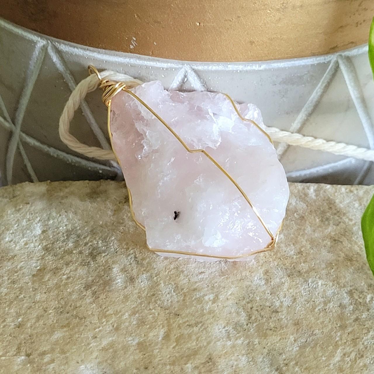 Genuine rough Rose Quartz crystal necklace Gold... - Depop