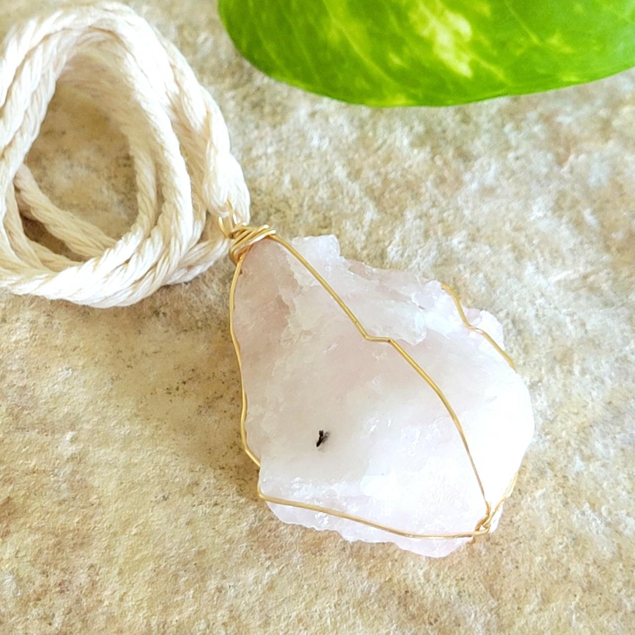 Genuine rough Rose Quartz crystal necklace Gold... - Depop