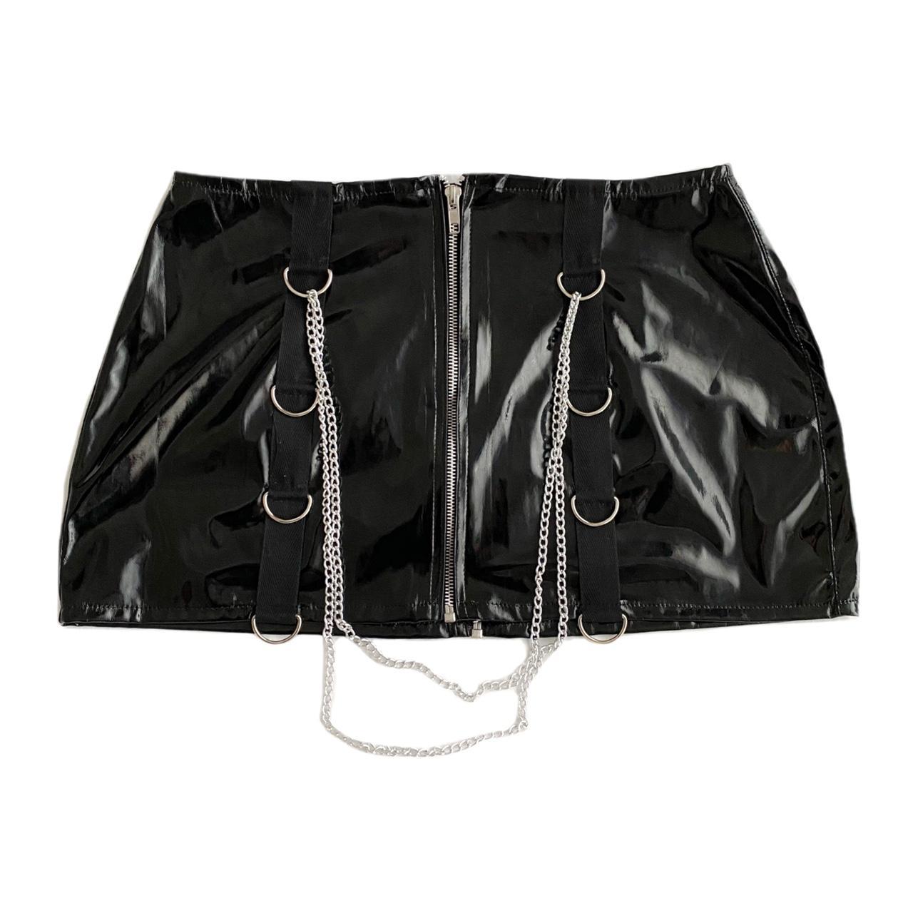 Black PVC / Vinyl mini skirt with zips, chain and... - Depop