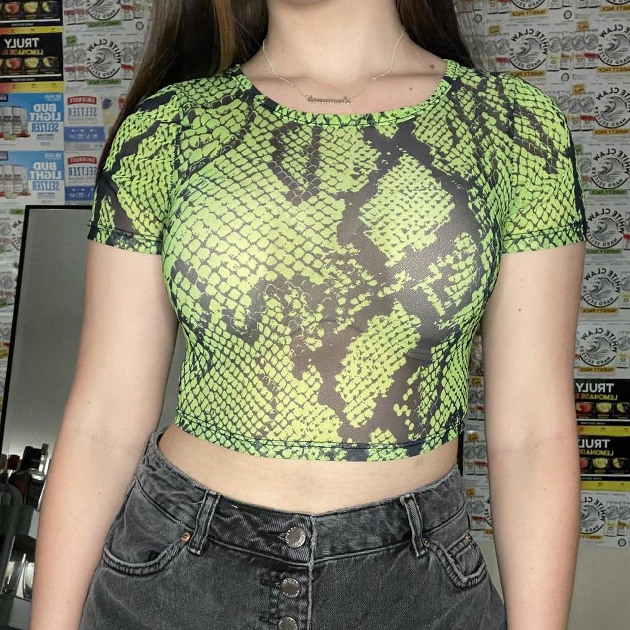 Dollskill mesh green snake print top Brand is One By... - Depop