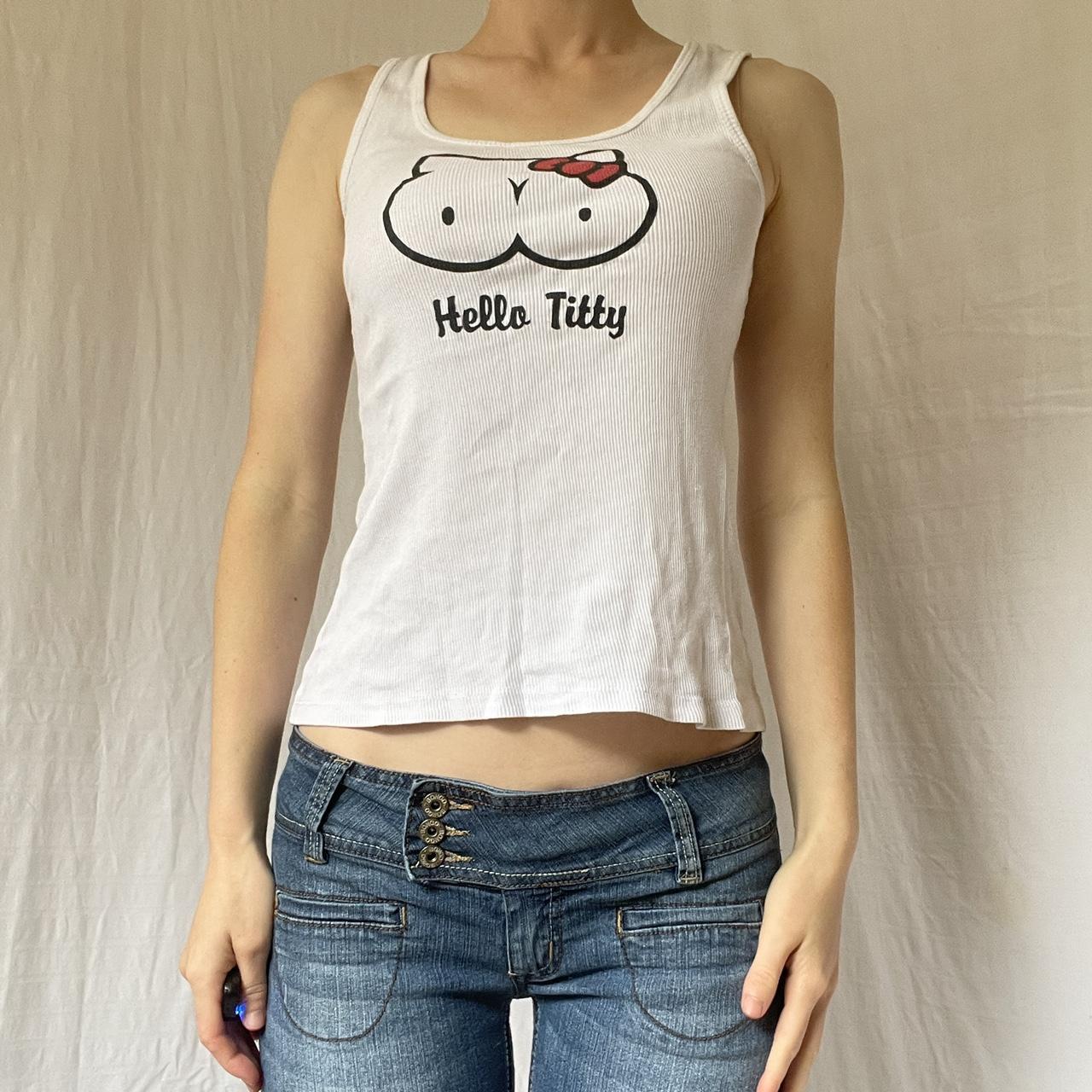 Y2k graphic baby tee 🦋 hello titty slightly cropped... - Depop