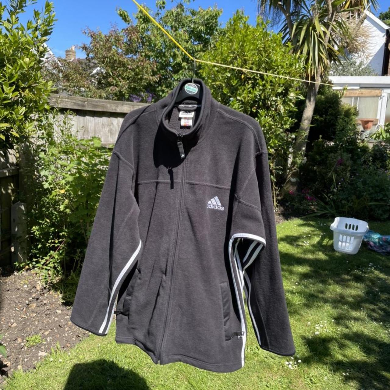 Vintage Adidas Fleece Jacket black Has striped that... - Depop