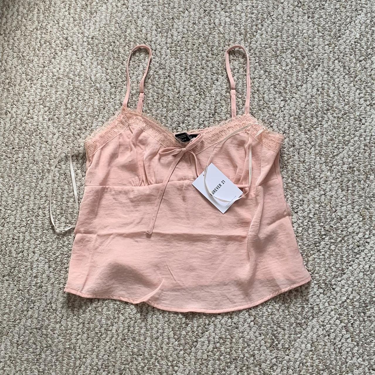 light pink lace trim bow front flowy tank top brand... | Depop