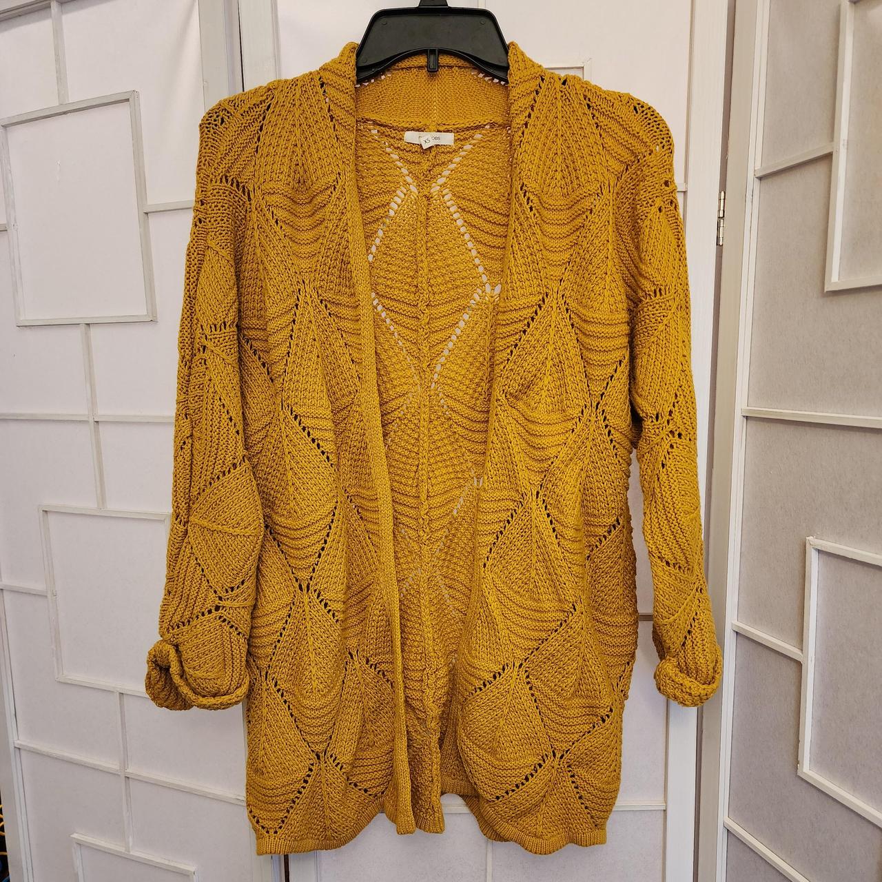 Open-front cardigan sweater in gold/mustard yellow... - Depop