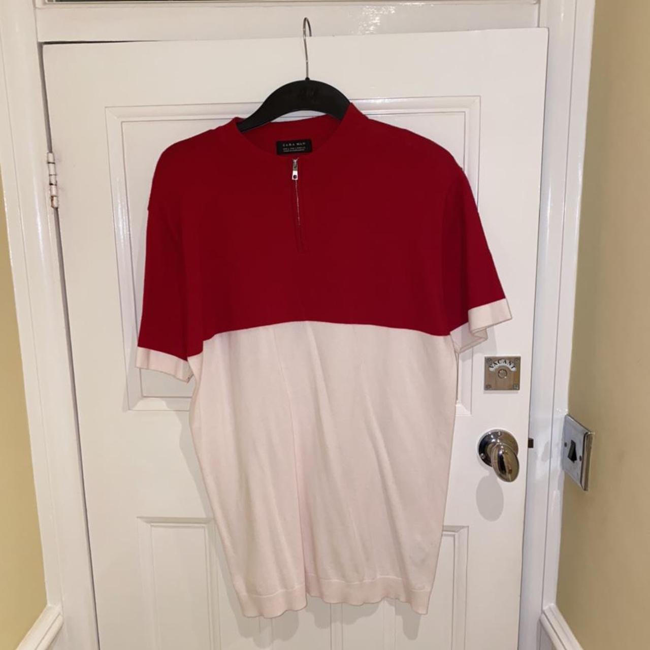 Zara mens red and white high neck zip top size Large... - Depop