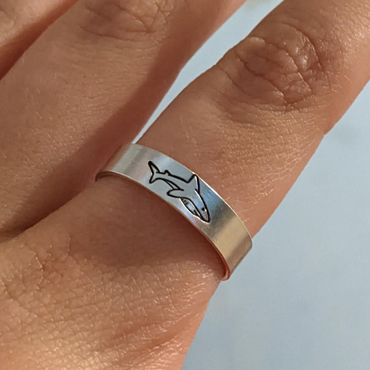hand stamped shark adjustable ring hypoallergenic... - Depop
